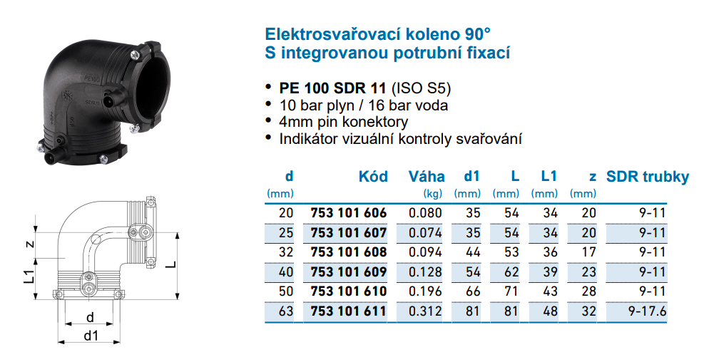 +GF+ Elektrosvařovací koleno 90°, PE100 SDR11, s potrubní fixací - VTP-tvarovky.cz
